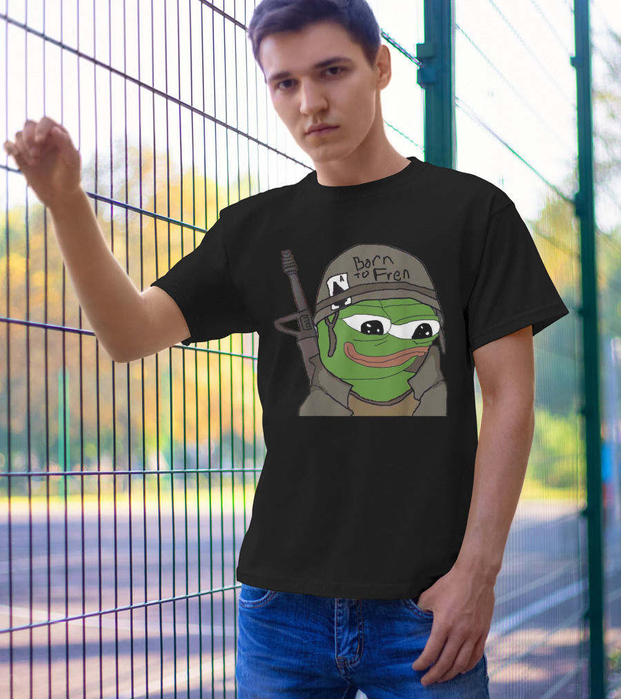 Born To Fren Pepe Military Helmet Cartoon With Rifle T-Shirt