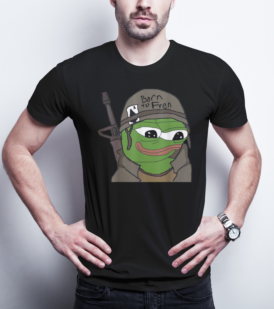 Born To Fren Pepe Military Helmet Cartoon With Rifle T-Shirt