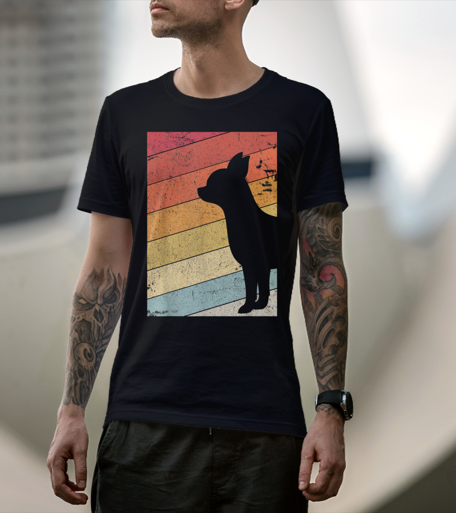 Chihuahua Style Retro Silhouette With Vintage Rainbow Stripes T-Shirt