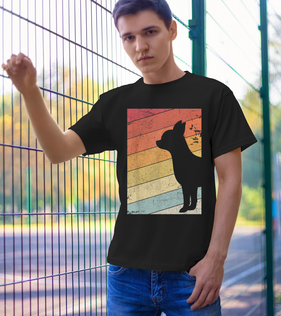 Chihuahua Style Retro Silhouette With Vintage Rainbow Stripes T-Shirt
