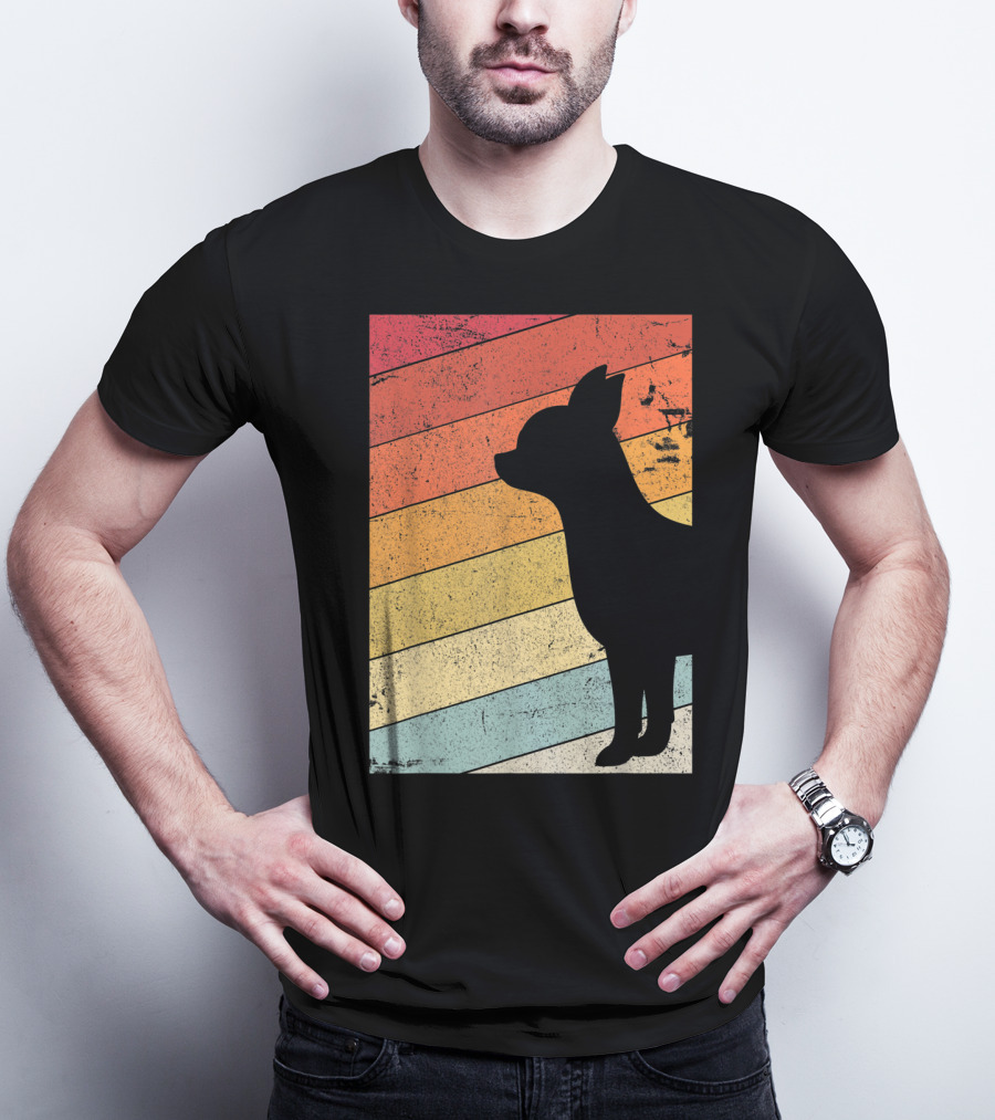 Chihuahua Style Retro Silhouette With Vintage Rainbow Stripes T-Shirt