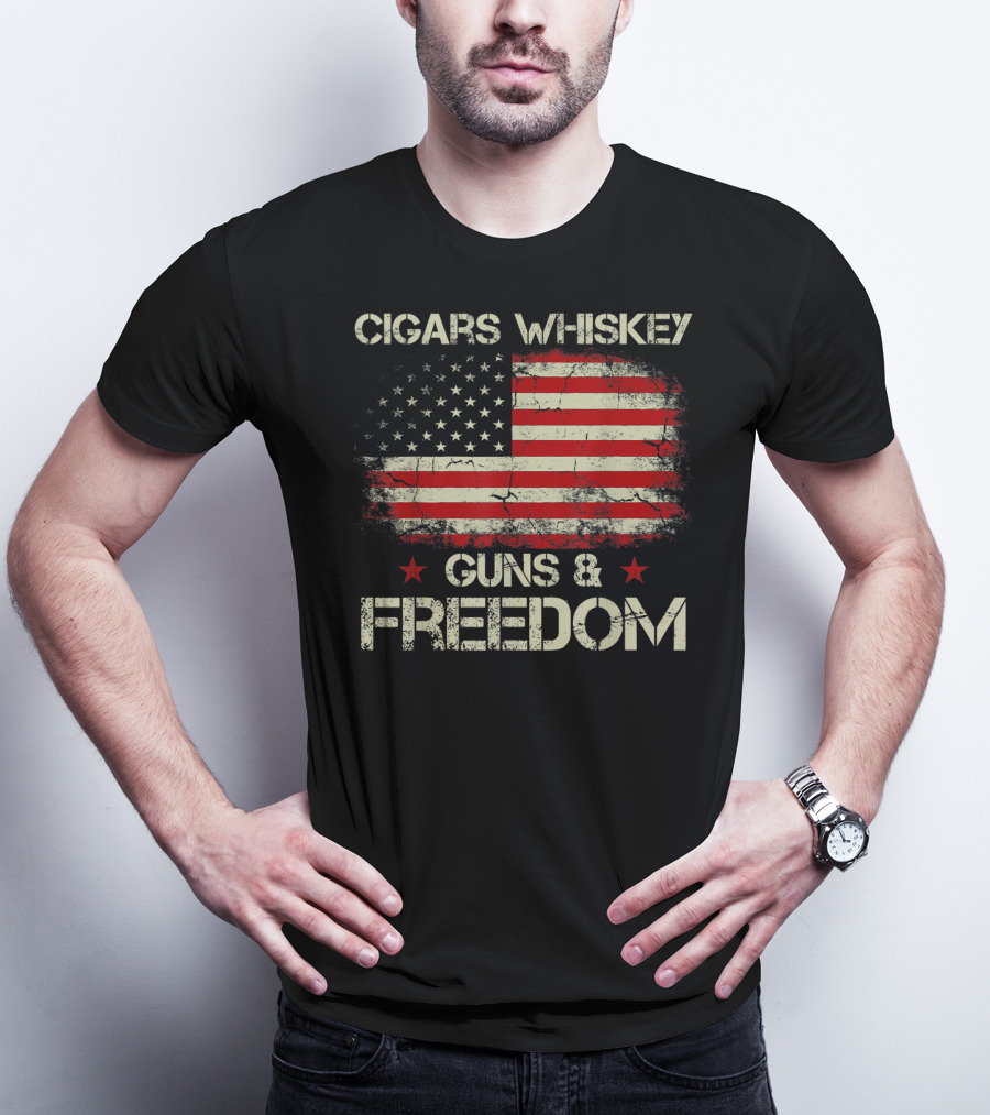 Cigars Whiskey Guns Freedom American Flag Patriotic USA Stars Stripes T-Shirt