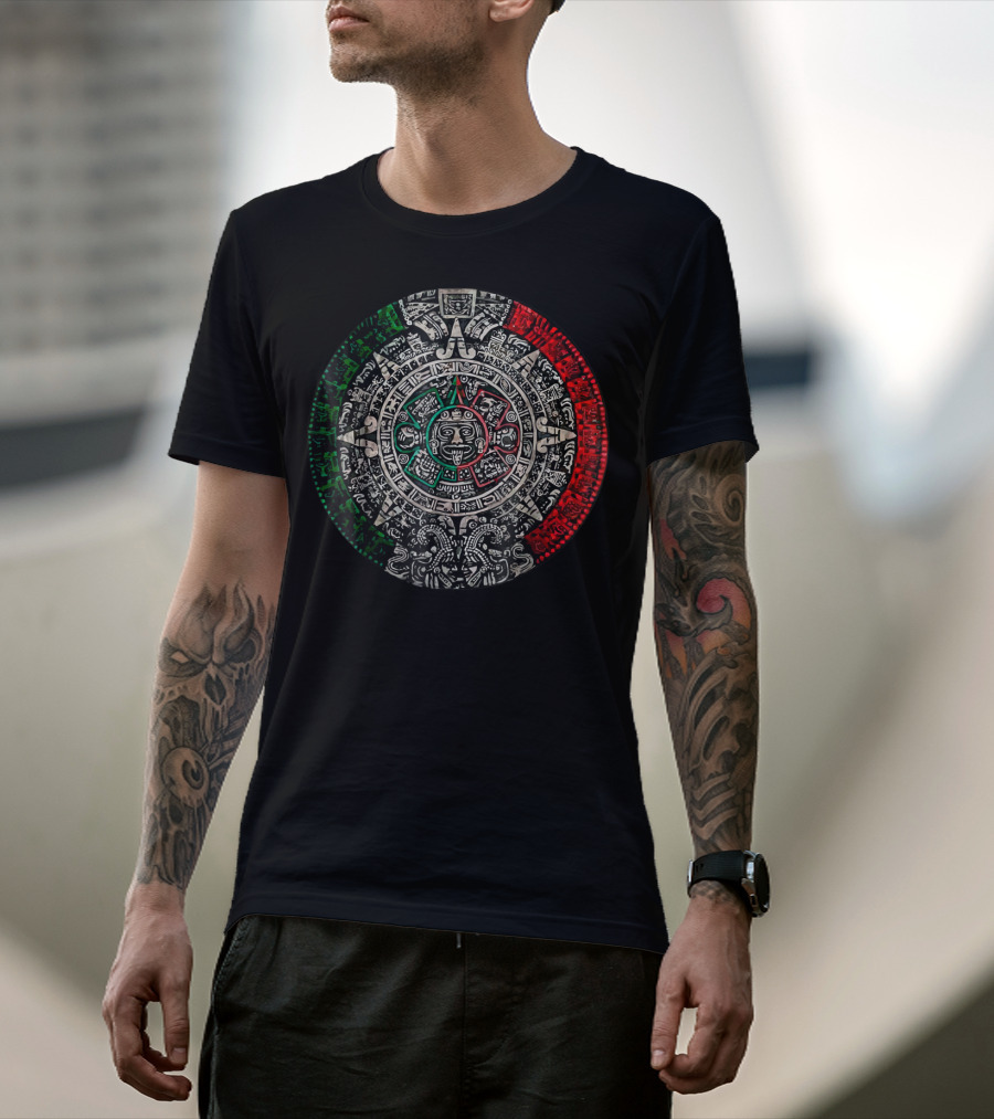 Aztec Calendar Sun Stone Mexican Flag Colors Carving Maya Mayans T-Shirt
