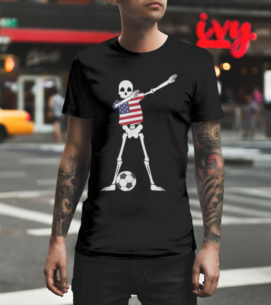 Dabbing Skeleton USA Soccer American Flag Dab Dance Football T-Shirt