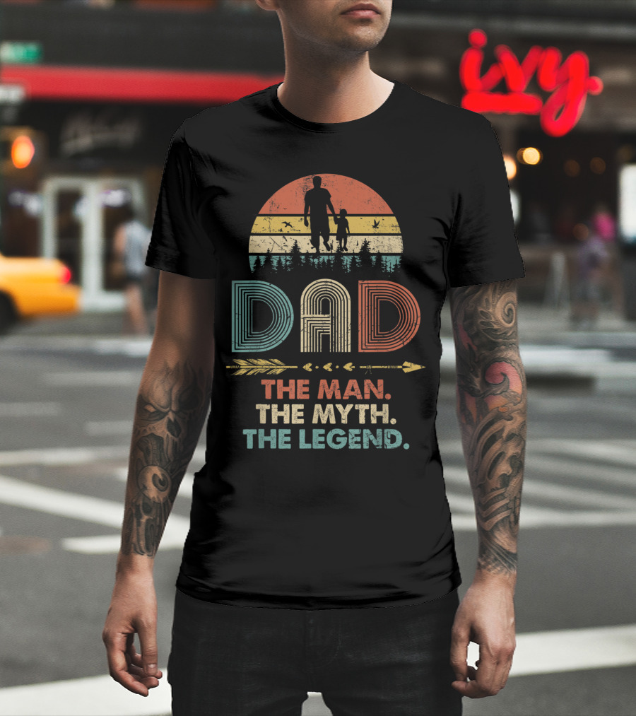 Dad The Man The Myth The Legend Vintage Papa Silhouette Retro Sunset Forest Arrow T-Shirt