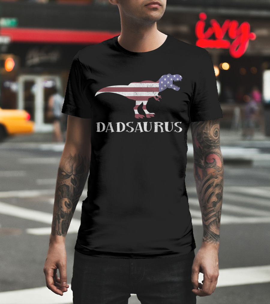 Dadsaurus Dinosaur Dad American Flag T-Rex USA Patriotic T-Shirt
