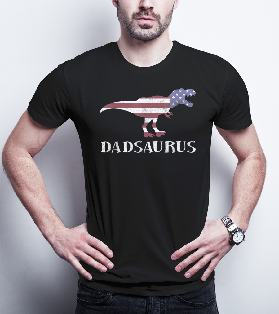 Dadsaurus Dinosaur Dad American Flag T-Rex USA Patriotic T-Shirt
