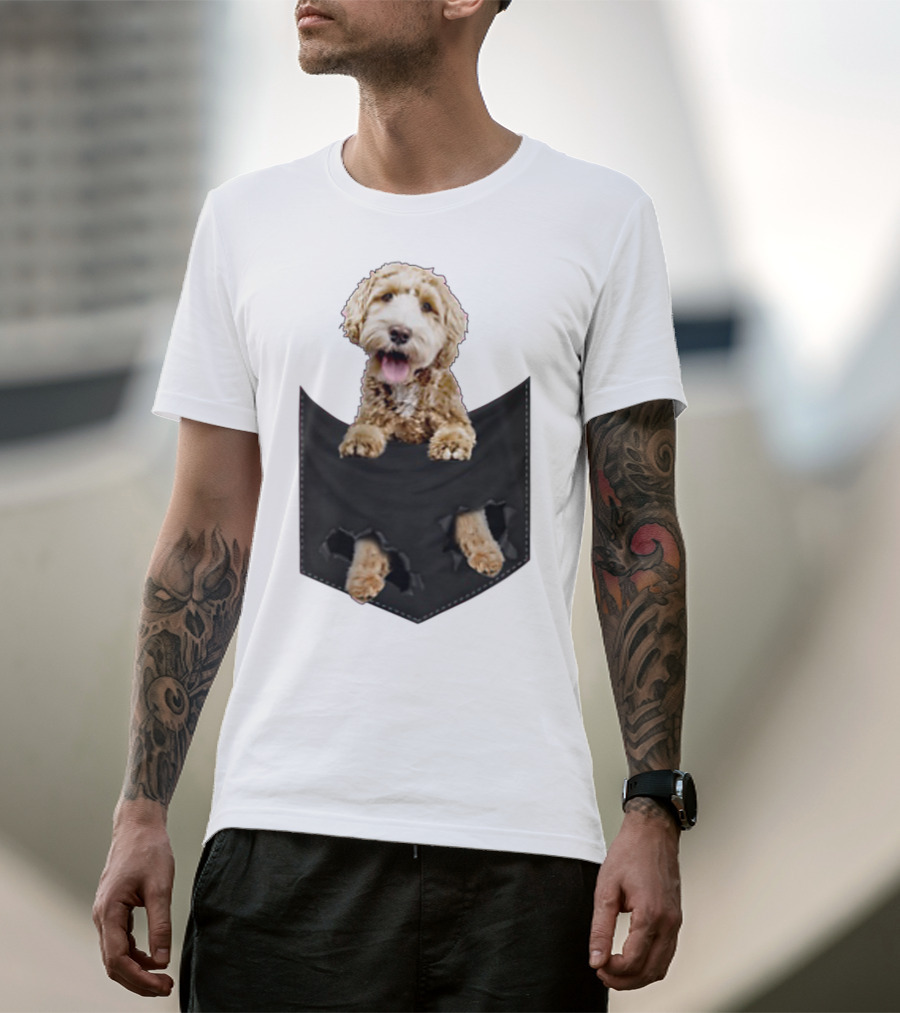 Dog In Your Pocket Labradoodle Peeking Out Pawing Through Black Pocket T-Shirt
