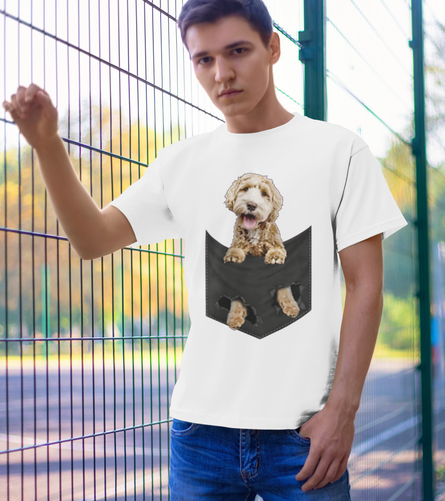Dog In Your Pocket Labradoodle Peeking Out Pawing Through Black Pocket T-Shirt