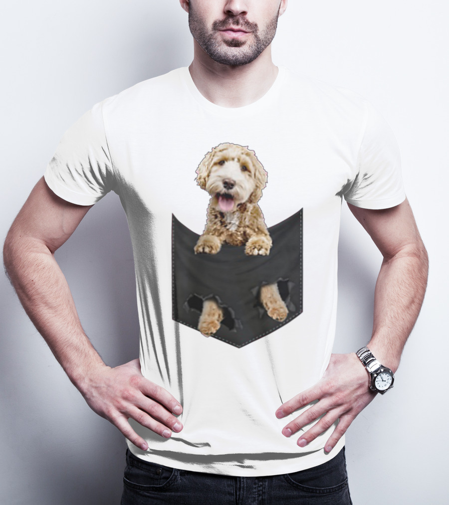 Dog In Your Pocket Labradoodle Peeking Out Pawing Through Black Pocket T-Shirt