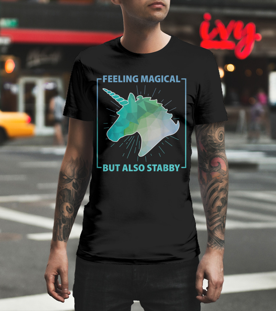 Feeling Magical But Also Stabby Funny Cute Unicorn Geometric Head T-Shirt
