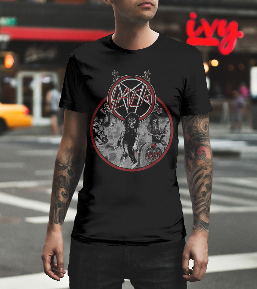 Slayer Live Undead Pentagram Zombies Skulls Battleground T-Shirt