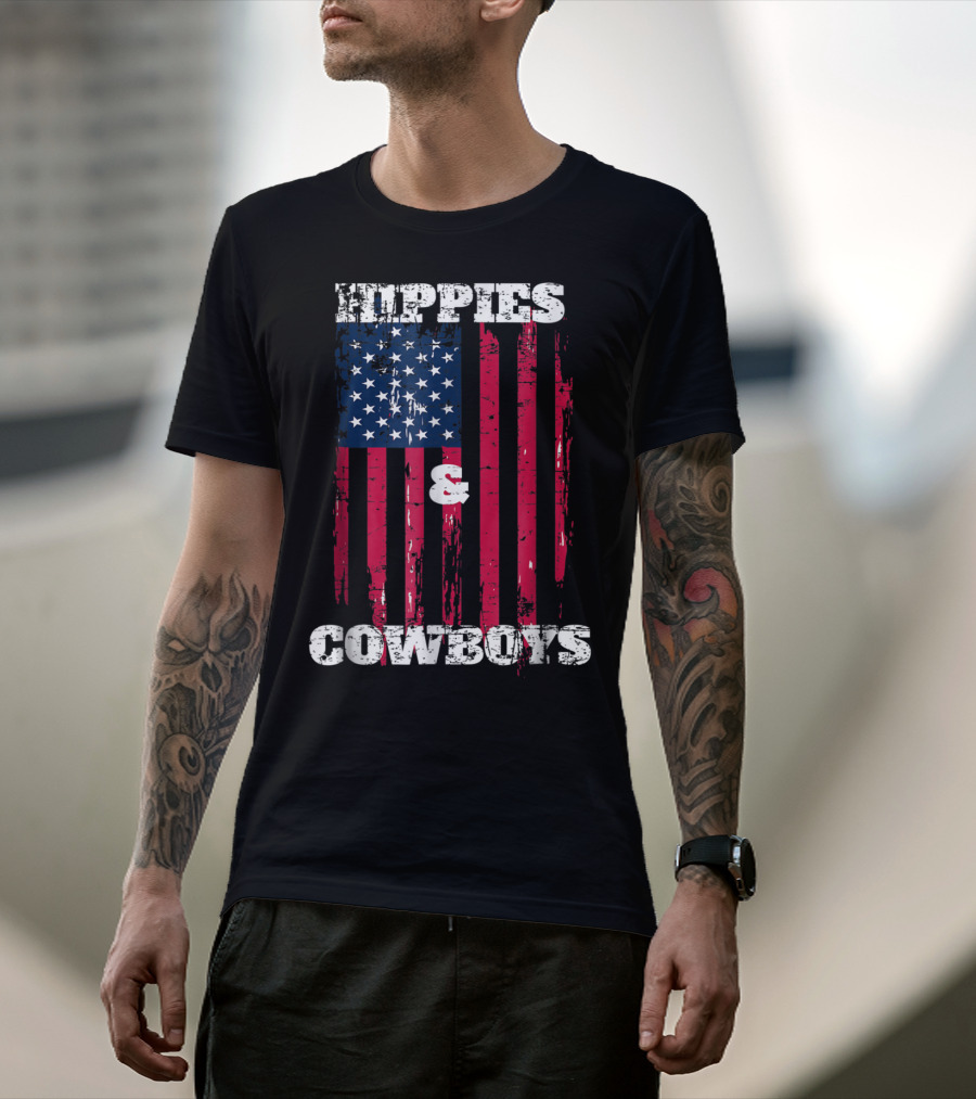 Hippies Cowboys And American Flag Distressed Look T-Shirt