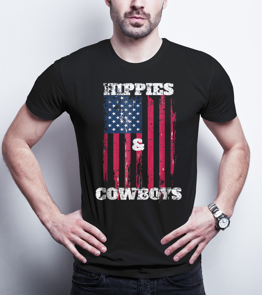 Hippies Cowboys And American Flag Distressed Look T-Shirt