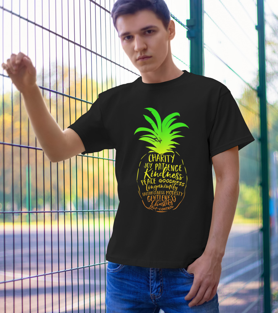 Holy Spirit Catholic Pineapple Charity Joy Patience Kindness Peace Goodness Longanimity Faithfulness Modesty Gentleness Chastity Self-Control T-Shirt
