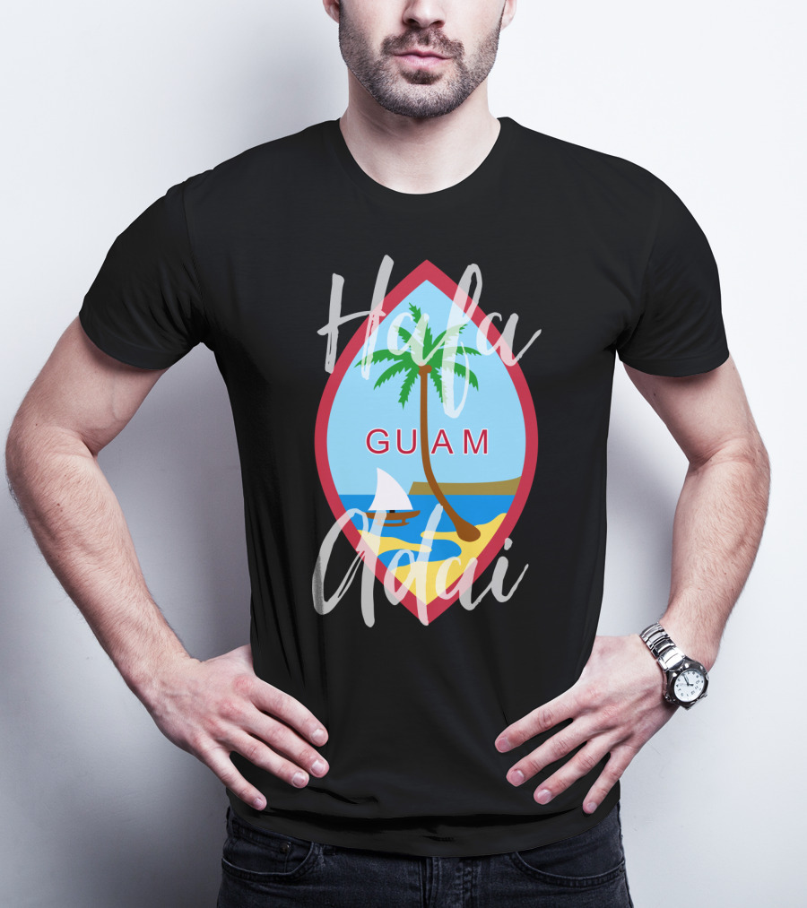 Hafa Adai Guam Palm Tree Beach Sailboat Emblem T-Shirt