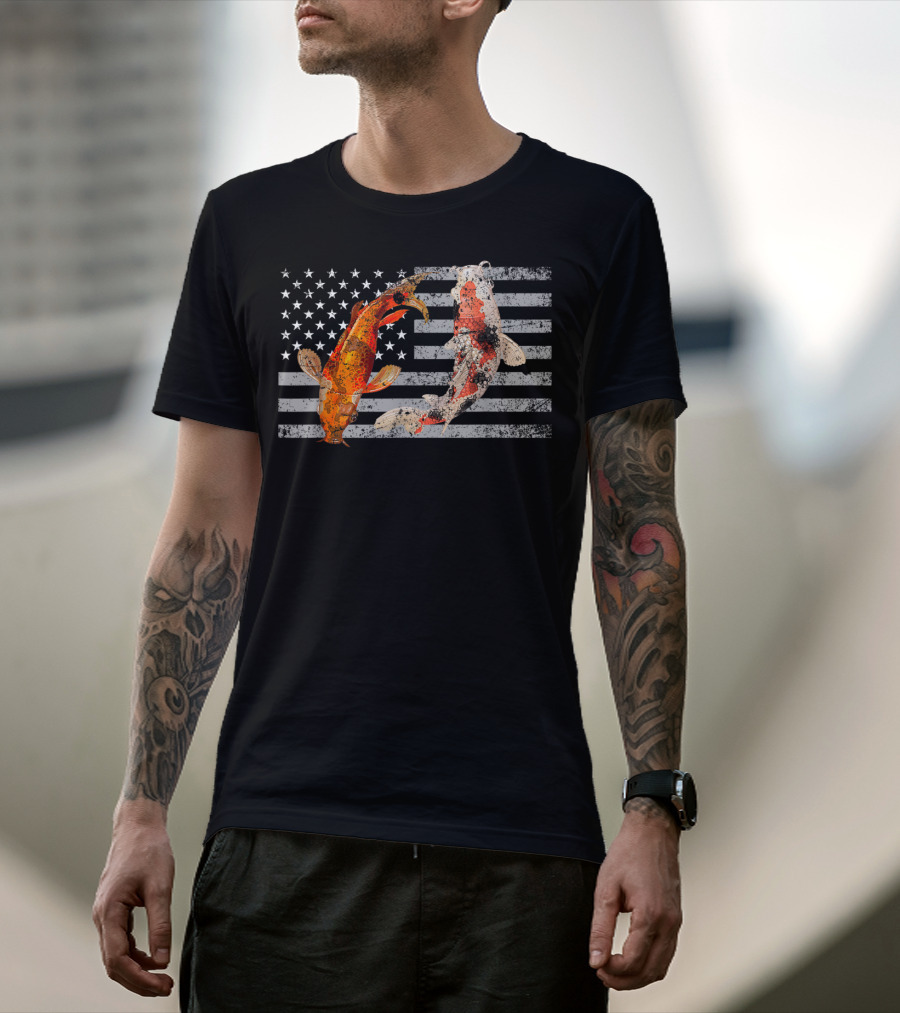USA Flag With Japanese Koi Fish And Koi Carp T-Shirt