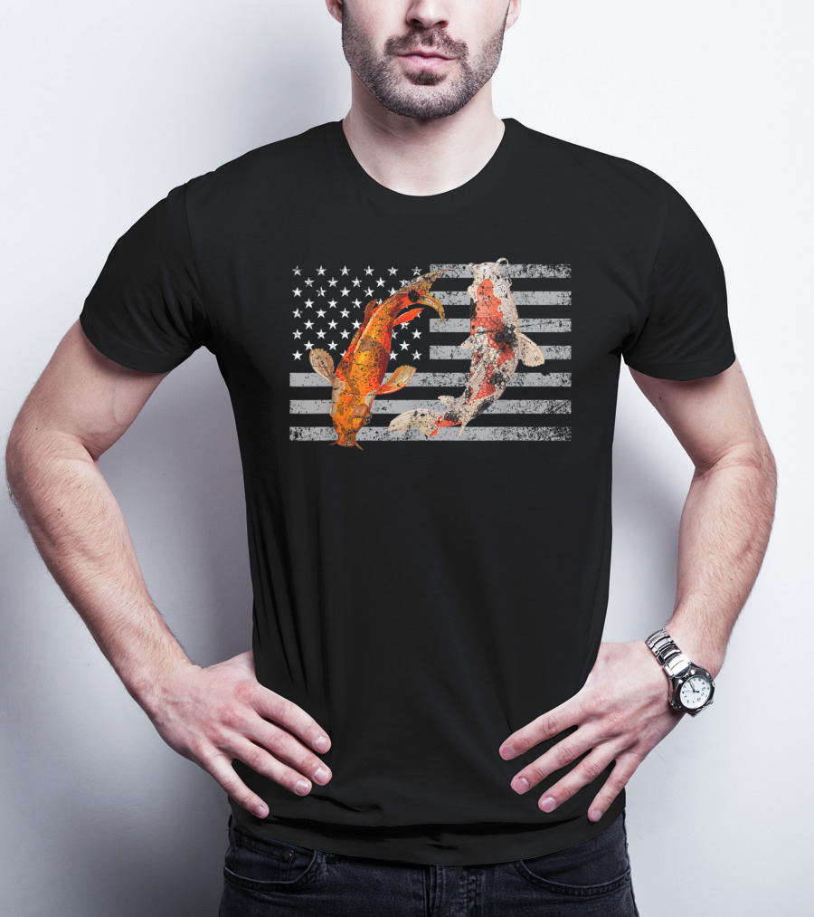 USA Flag With Japanese Koi Fish And Koi Carp T-Shirt