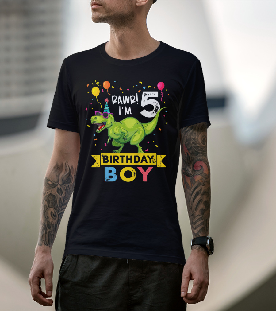 RAWR I'm 5 Birthday Boy Dinosaur Party Hat Balloons And Confetti T-Shirt