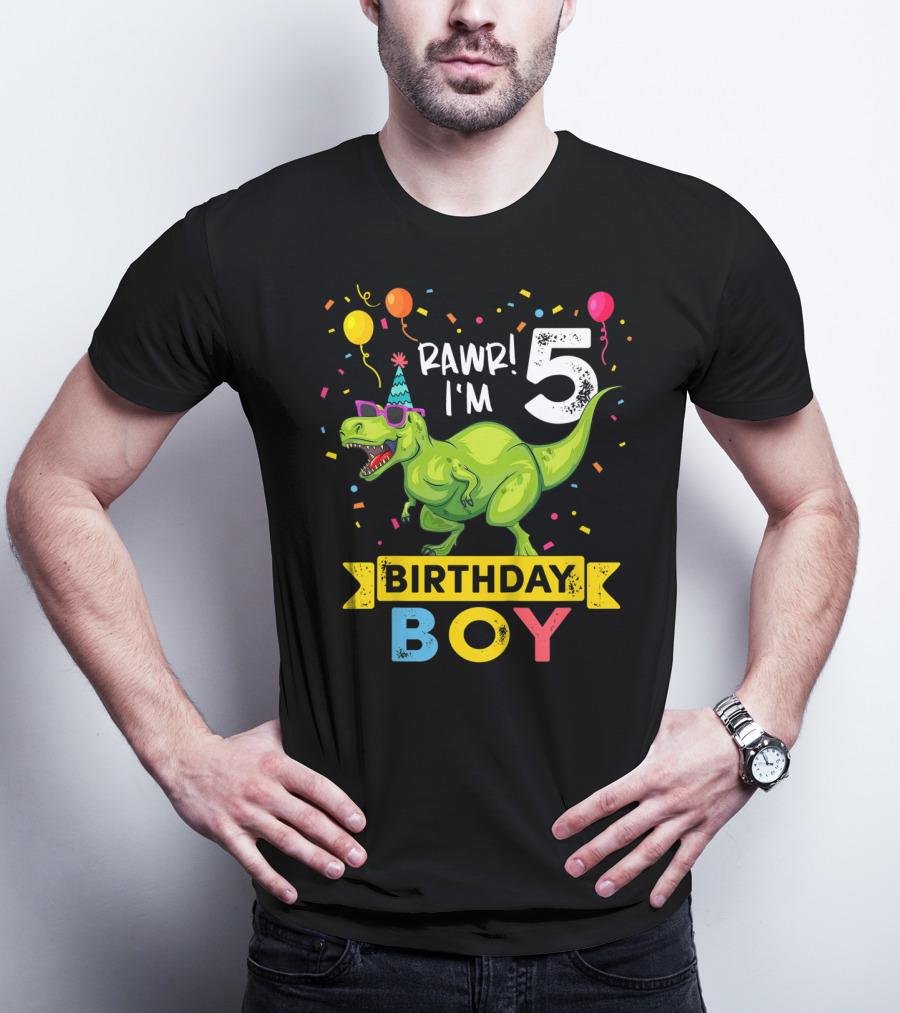 RAWR I'm 5 Birthday Boy Dinosaur Party Hat Balloons And Confetti T-Shirt