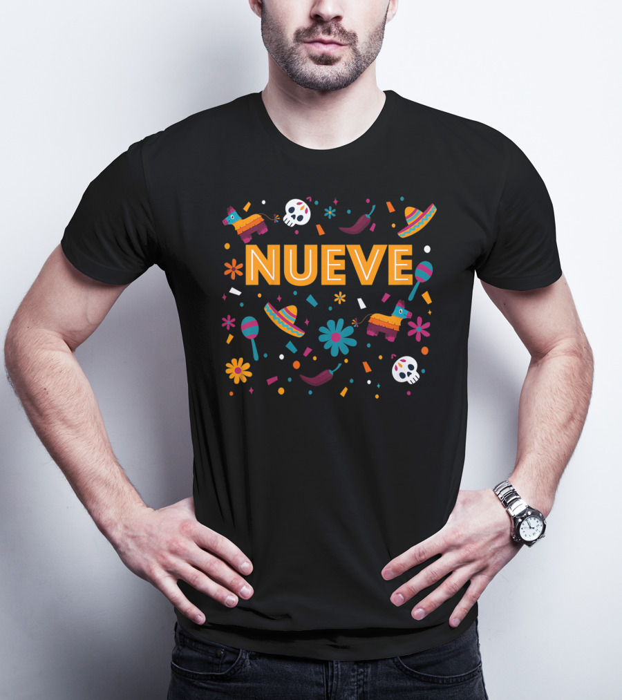 Kids 9 Year Old Mexican Fiesta Birthday Nueve Pinata Sombrero Maracas Skulls Flowers T-Shirt