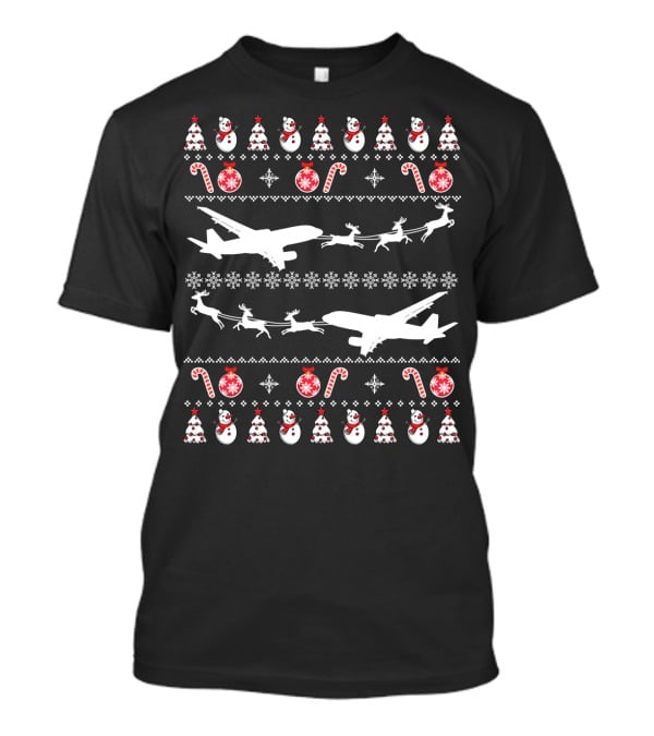 Airplanes Ugly Christmas Sweater Reindeer Snowman Candy Cane Holiday T-Shirt
