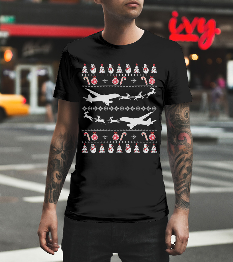 Airplanes Ugly Christmas Sweater Reindeer Snowman Candy Cane Holiday T-Shirt