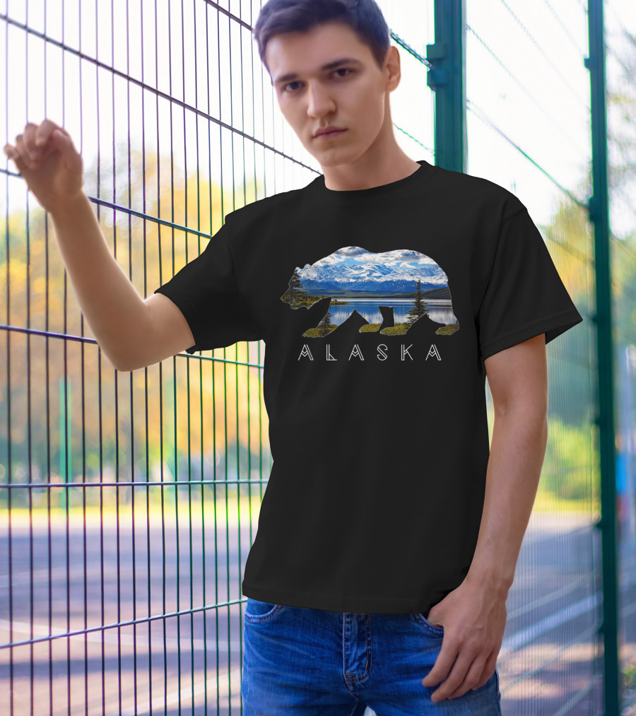 Alaska Bear Silhouette With Mountain Lake Scene T-Shirt
