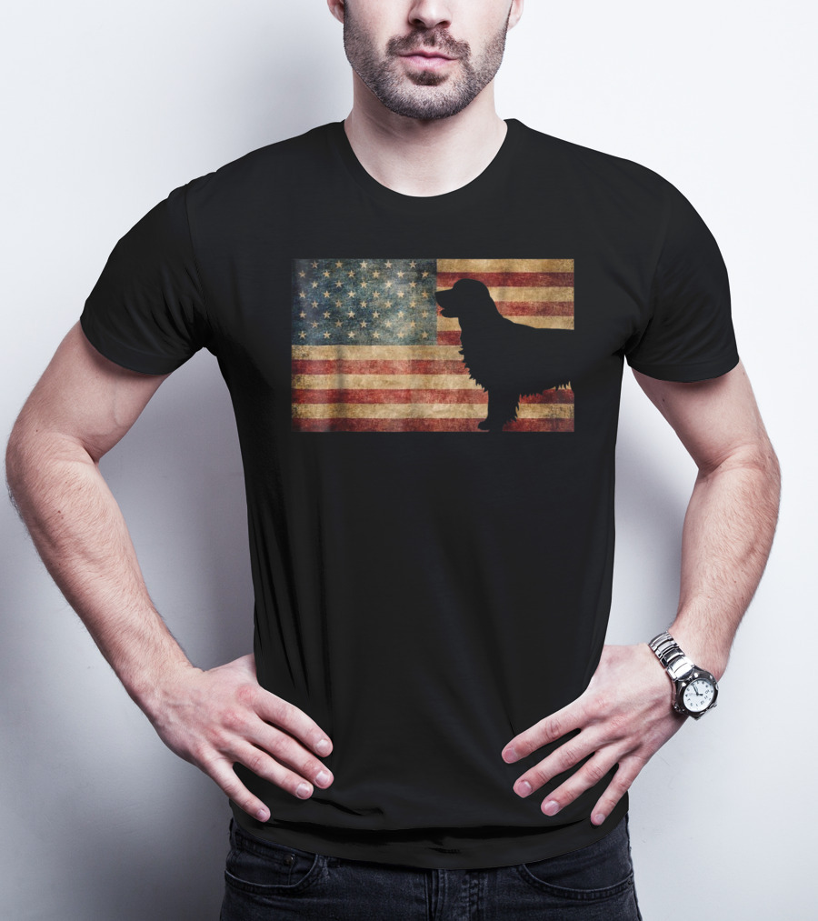 Golden Retriever Silhouette With Vintage American Flag T-Shirt