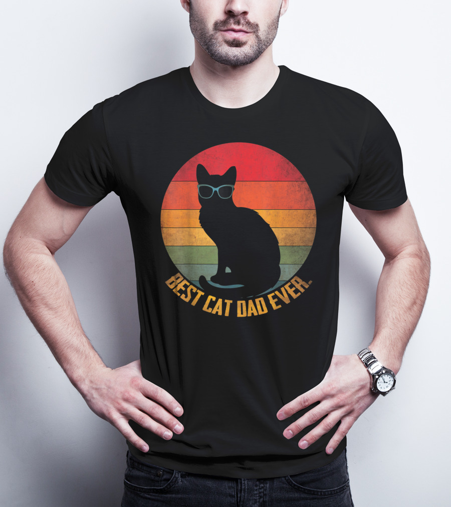 Vintage Sunset Best Cat Dad Ever Silhouette With Sunglasses T-Shirt