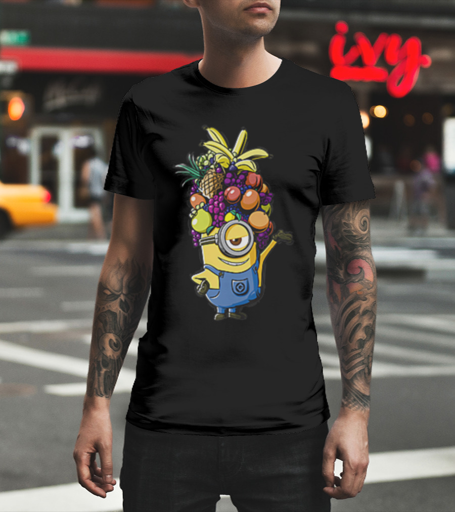 Despicable Me Minions Stuart Wearing Colorful Fruit Hat Overalls T-Shirt