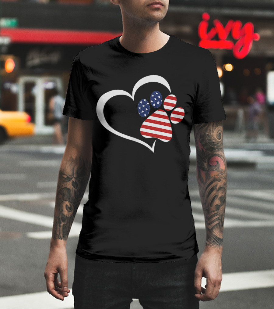 Dog Paw Heart Love Red White Blue American Flag Patriotic T-Shirt