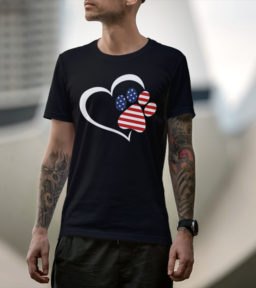 Dog Paw Heart Love Red White Blue American Flag Patriotic T-Shirt