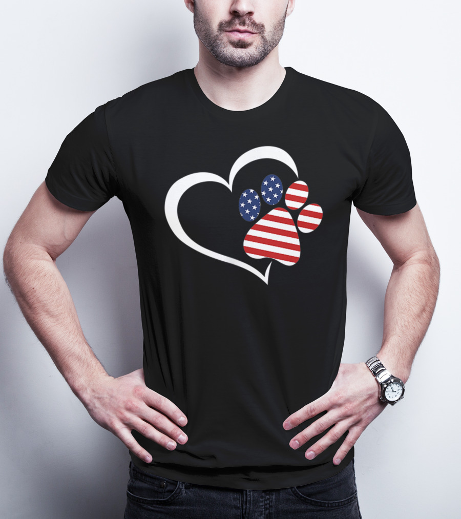 Dog Paw Heart Love Red White Blue American Flag Patriotic T-Shirt