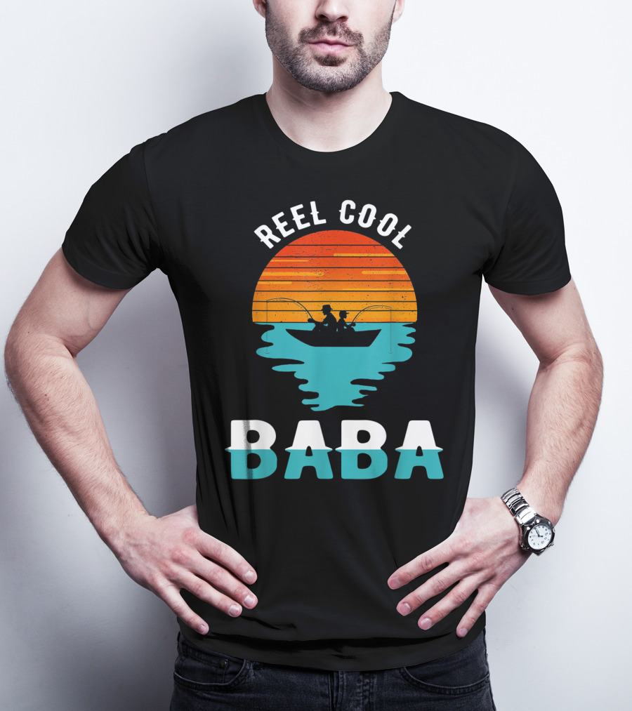 Reel Cool Baba Father's Day Fishing Silhouette Sunset T-Shirt