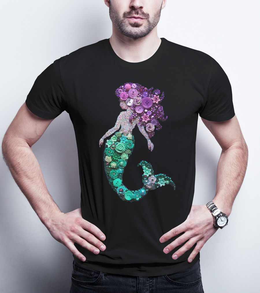 Flower Mermaid Purple Green Buttons T-Shirt