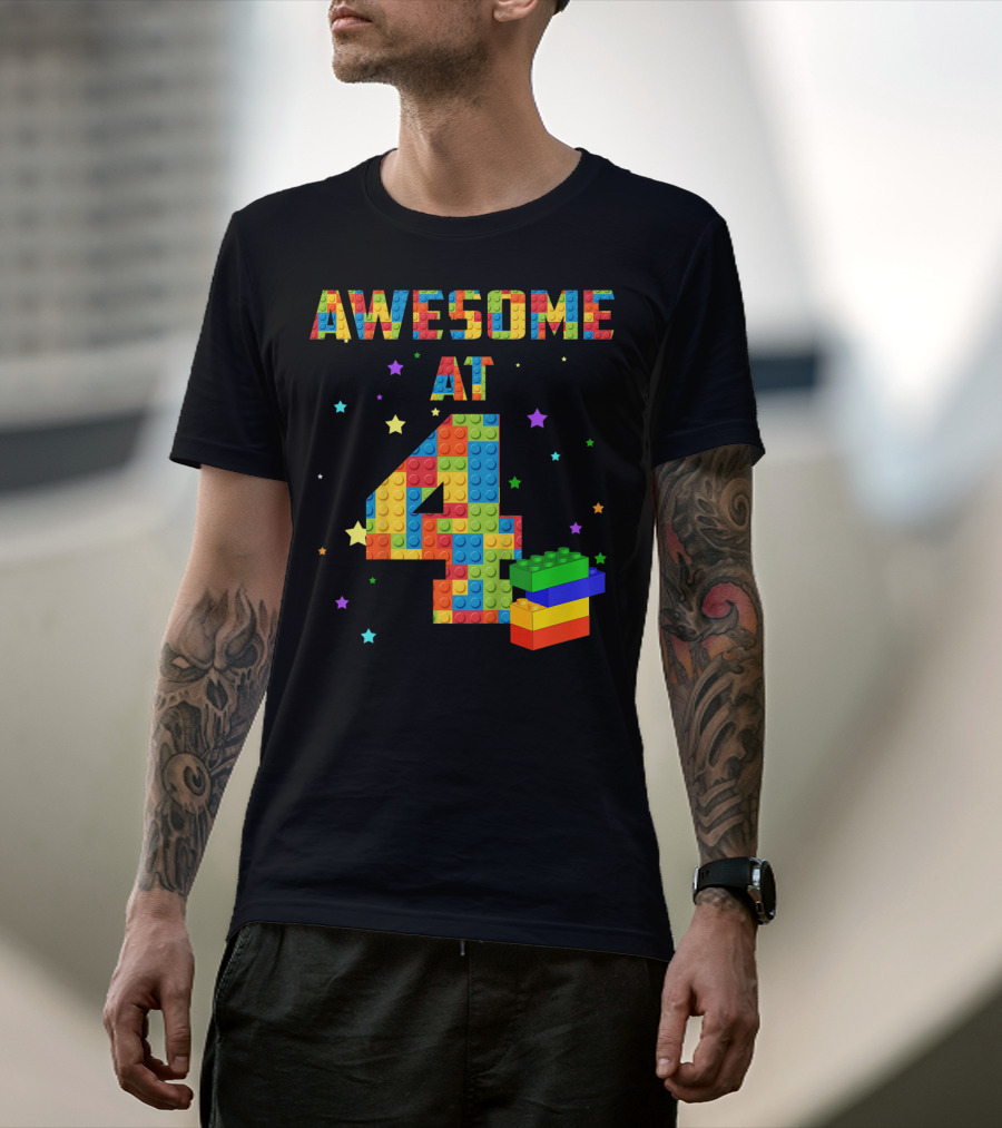 AWESOME AT 4 Building Blocks Kids Birthday T-Shirt