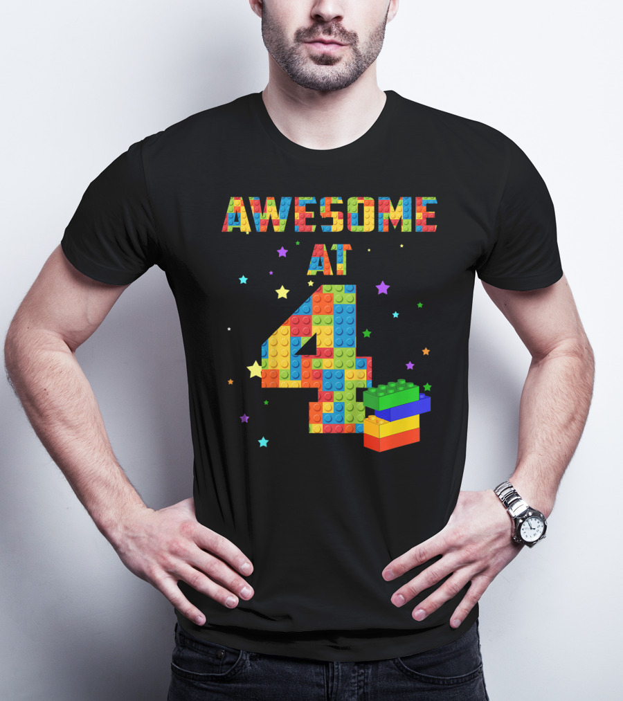 AWESOME AT 4 Building Blocks Kids Birthday T-Shirt
