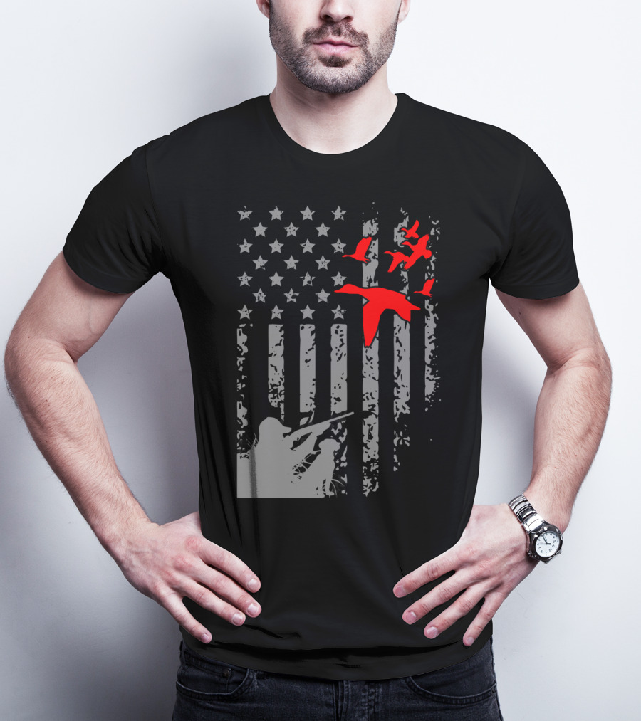 American Flag Waterfowl Hunting With Patriotic Duck T-Shirt