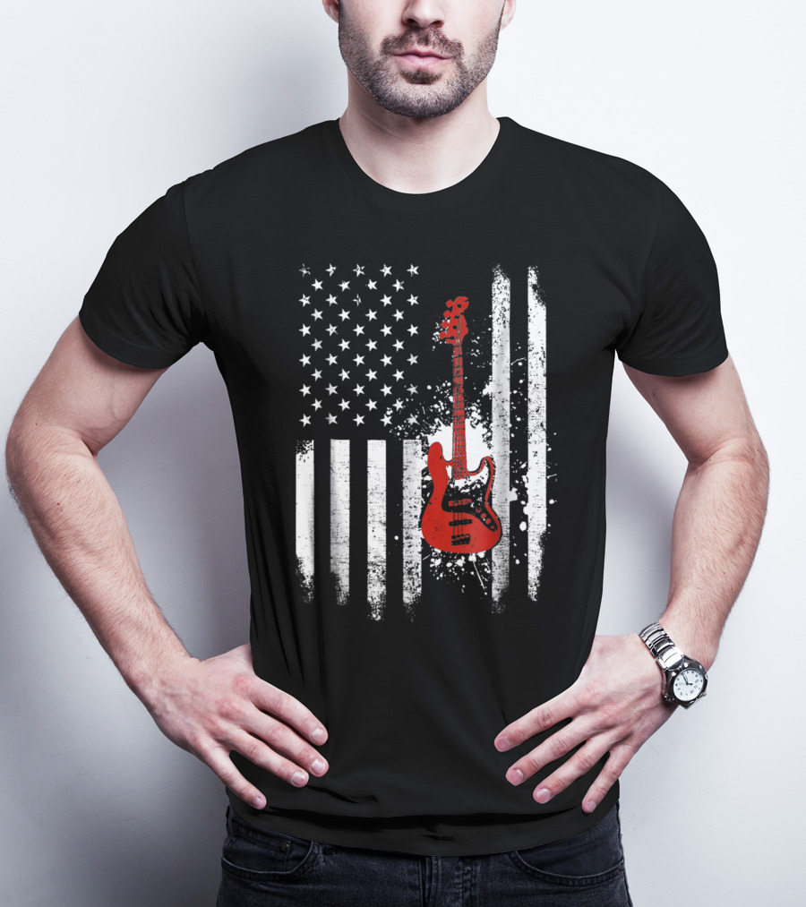 Bass Guitar Red White Stars Stripes American Flag T-Shirt
