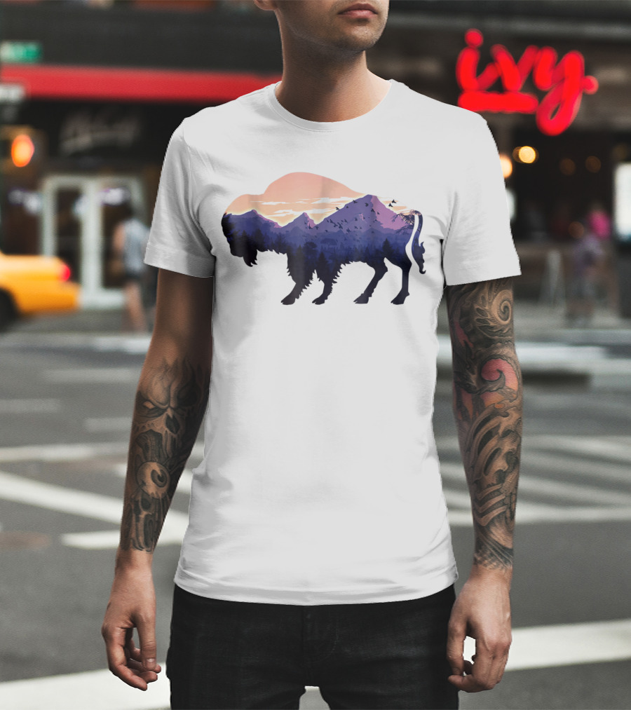 Bison Silhouette With Mountain And Forest Scene T-Shirt
