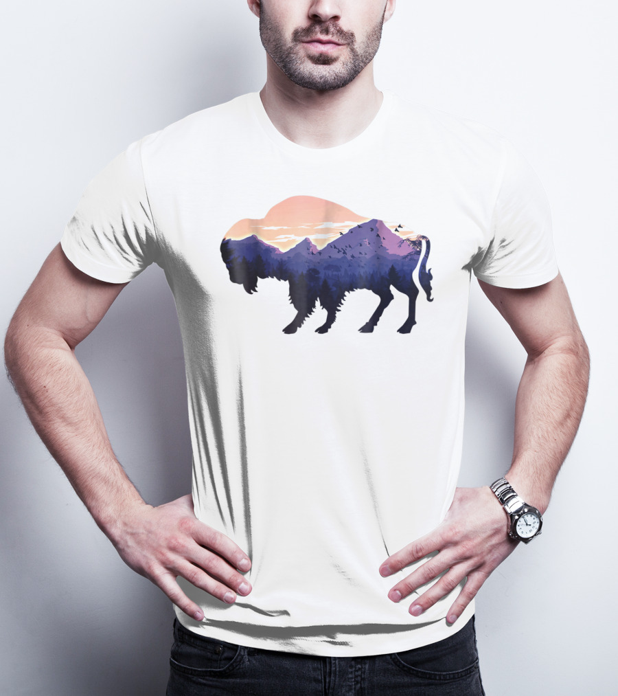 Bison Silhouette With Mountain And Forest Scene T-Shirt