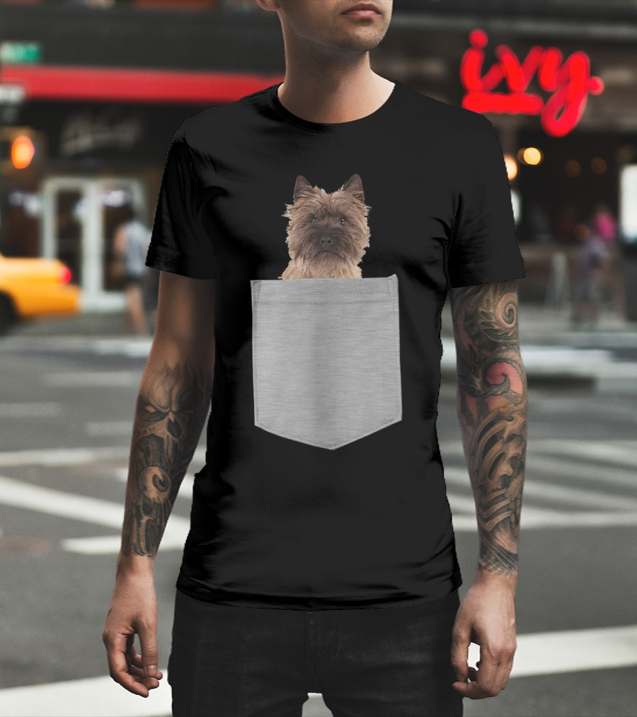 Cairn Terrier Pup Peeking From Pocket T-Shirt