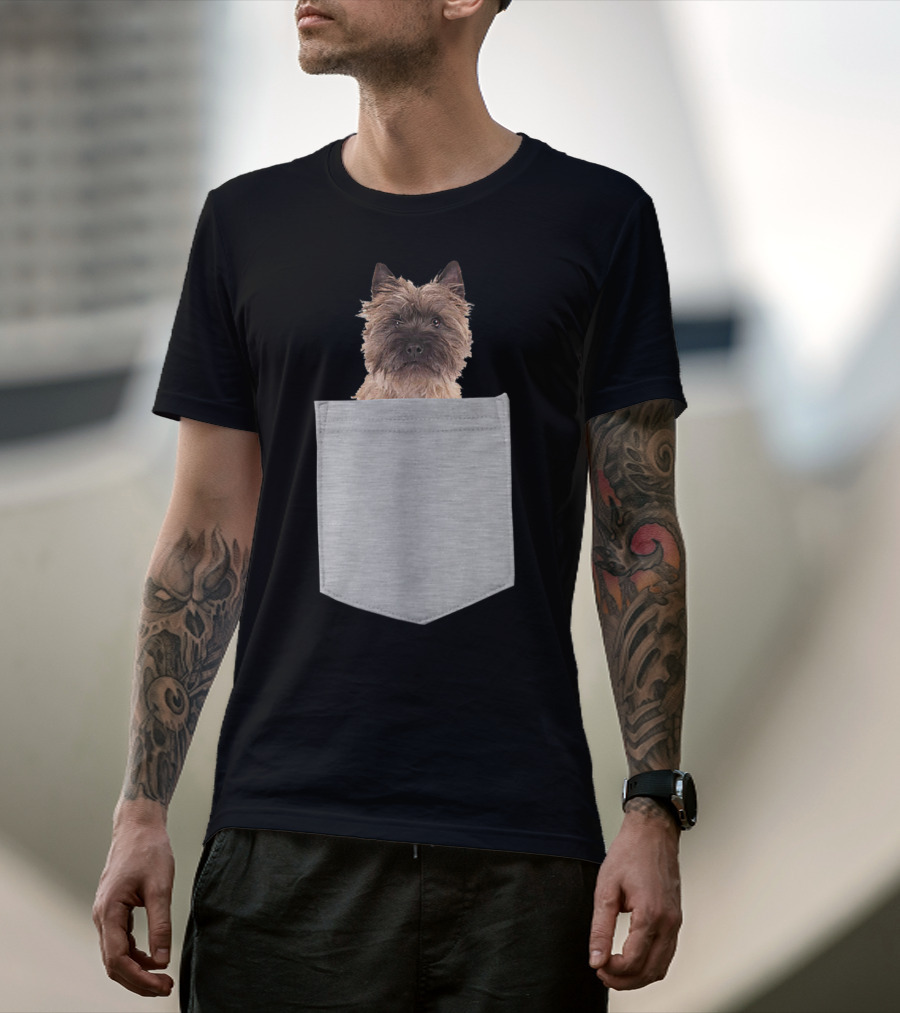 Cairn Terrier Pup Peeking From Pocket T-Shirt
