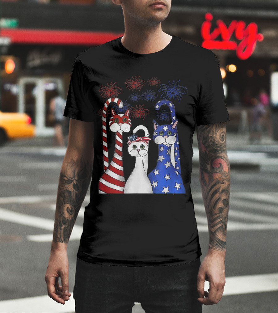 Cat Red White Blue American Flag Patriotic Fireworks T-Shirt