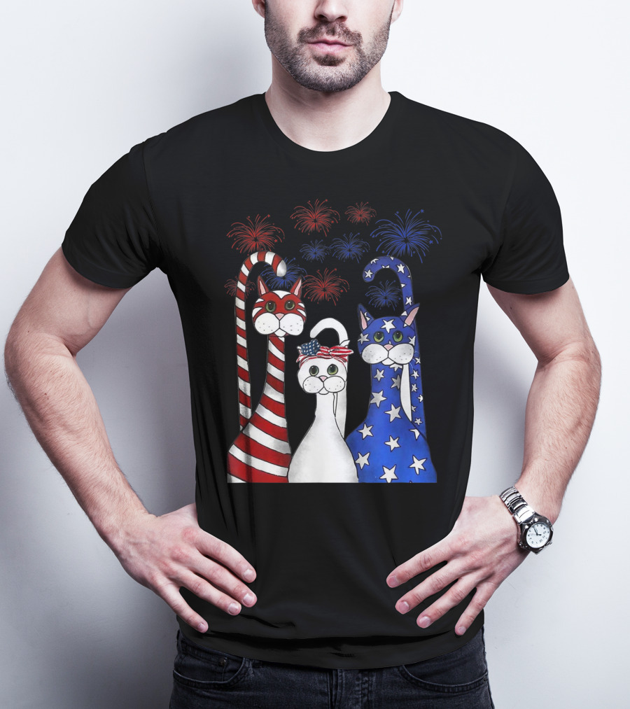 Cat Red White Blue American Flag Patriotic Fireworks T-Shirt