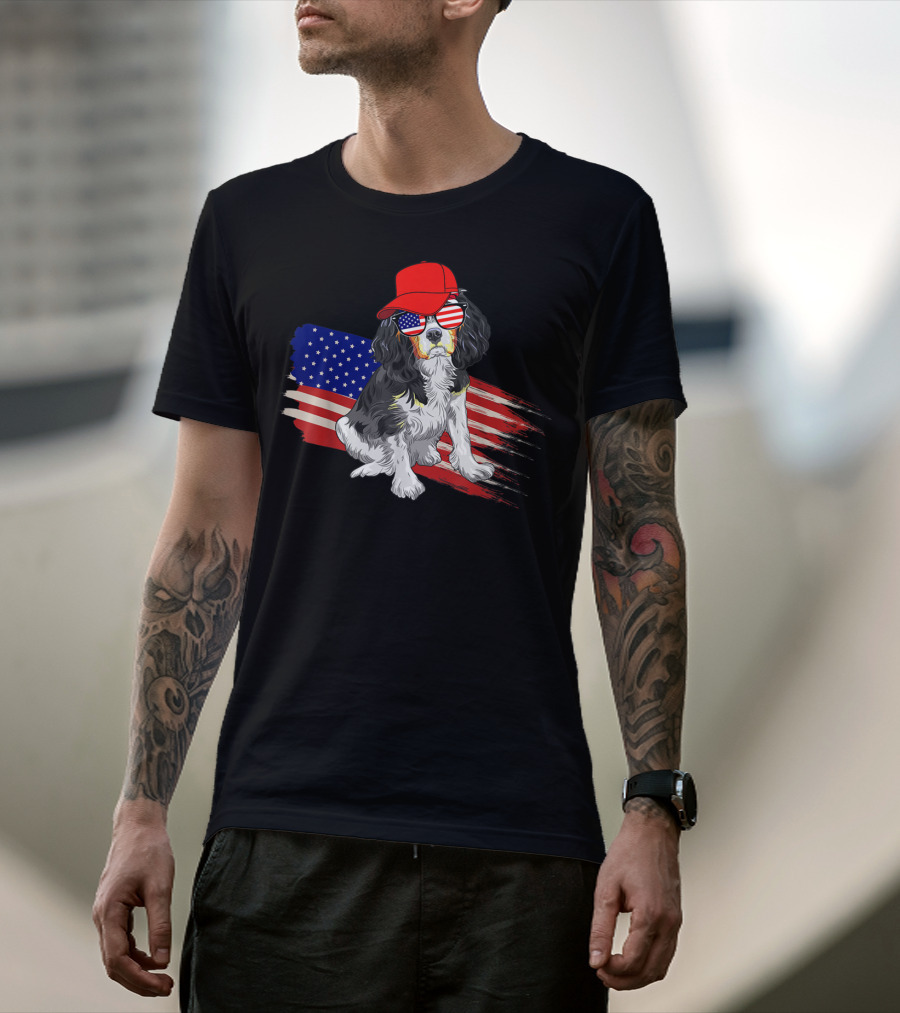 Cavalier King Charles Spaniel USA Flag Hat Sunglasses Patriotic Fourth Of July T-Shirt