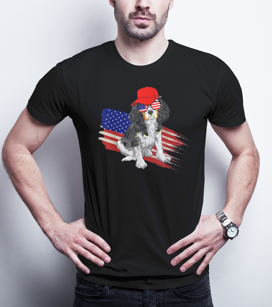 Cavalier King Charles Spaniel USA Flag Hat Sunglasses Patriotic Fourth Of July T-Shirt