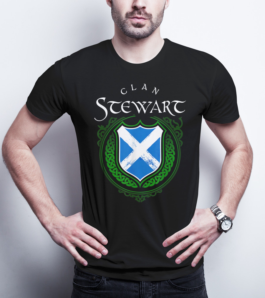 Clan Stewart Scottish Shield Scotland Flag And Green Celtic Knotwork T-Shirt