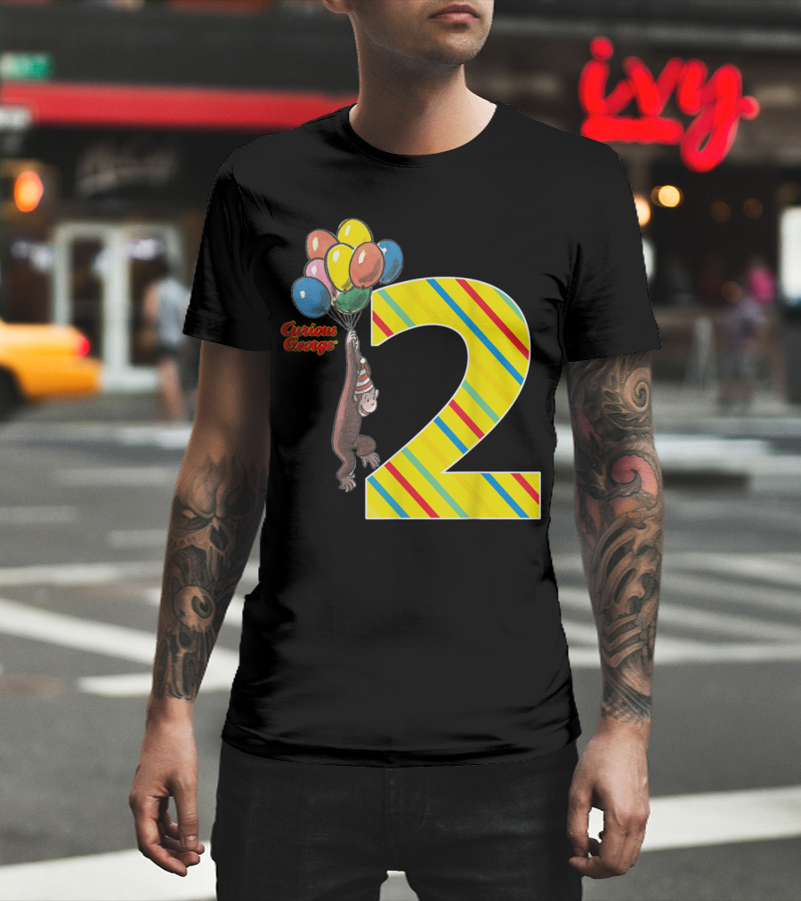 Curious George Holding Balloons Next To Colorful Striped Number 2 For Second Birthday T-Shirt